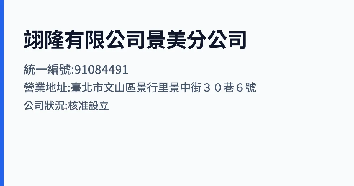 翊隆有限公司景美分公司 - 統編 91084491(臺北市) 公司登記資料與營業項目詳細圖表