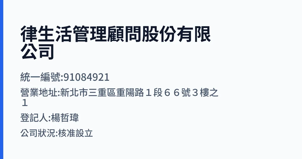 律生活管理顧問股份有限公司 - 統編 91084921(新北市) 公司登記資料與營業項目詳細圖表