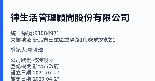 律生活管理顧問股份有限公司的照片-統編 91084921(新北市) 公司登記資料與營業項目詳細圖表