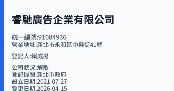 睿馳廣告企業有限公司的照片-統編 91084936(新北市) 公司登記資料與營業項目詳細圖表