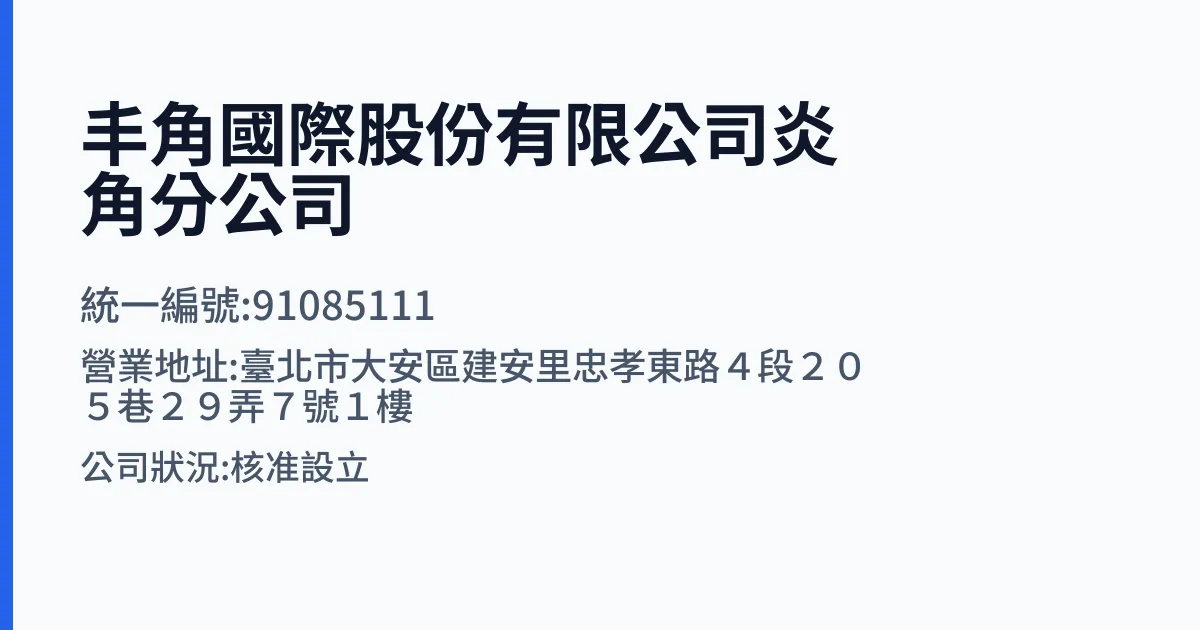 丰角國際股份有限公司炎角分公司 - 統編 91085111(臺北市) 公司登記資料與營業項目詳細圖表