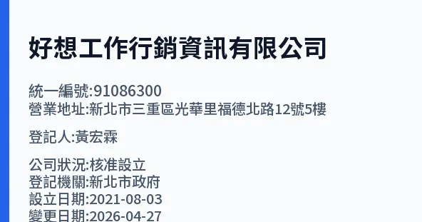 好想工作行銷資訊有限公司的照片-統編 91086300(新北市) 公司登記資料與營業項目詳細圖表