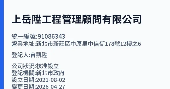 上岳陞工程管理顧問有限公司的照片-統編 91086343(新北市) 公司登記資料與營業項目詳細圖表