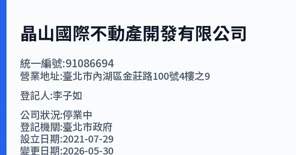 晶山國際不動產開發有限公司的照片-統編 91086694(臺北市) 公司登記資料與營業項目詳細圖表