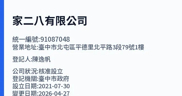 家二八有限公司的照片-統編 91087048(臺中市) 公司登記資料與營業項目詳細圖表