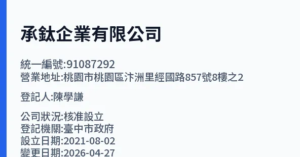 承鈦企業有限公司的照片-統編 91087292(桃園市) 公司登記資料與營業項目詳細圖表