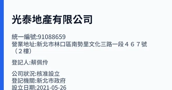 光泰地產有限公司的照片-統編 91088659(新北市) 公司登記資料與營業項目詳細圖表