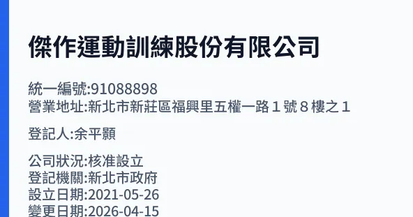 傑作運動訓練股份有限公司的照片-統編 91088898(新北市) 公司登記資料與營業項目詳細圖表