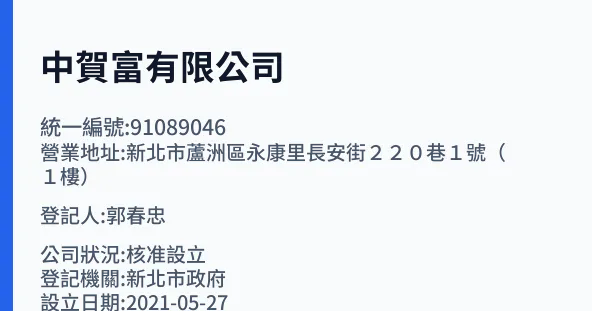中賀富有限公司的照片-統編 91089046(新北市) 公司登記資料與營業項目詳細圖表