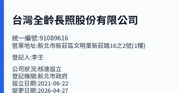 台灣全齡長照股份有限公司的照片-統編 91089616(新北市) 公司登記資料與營業項目詳細圖表