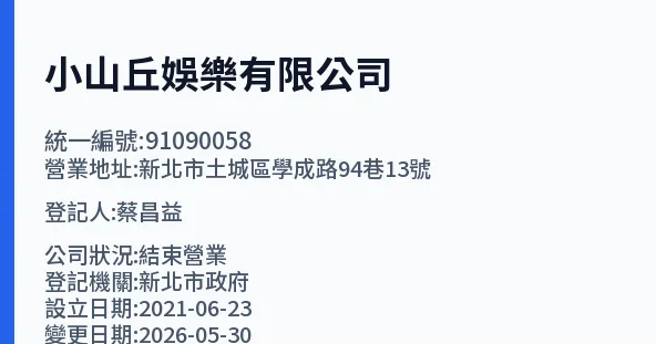 小山丘娛樂有限公司的照片-統編 91090058(新北市) 公司登記資料與營業項目詳細圖表