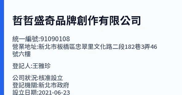 哲哲盛奇品牌創作有限公司的照片-統編 91090108(新北市) 公司登記資料與營業項目詳細圖表