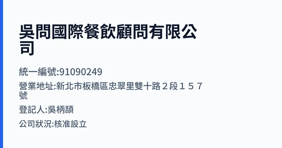 吳問國際餐飲顧問有限公司 - 統編 91090249(新北市) 公司登記資料與營業項目詳細圖表