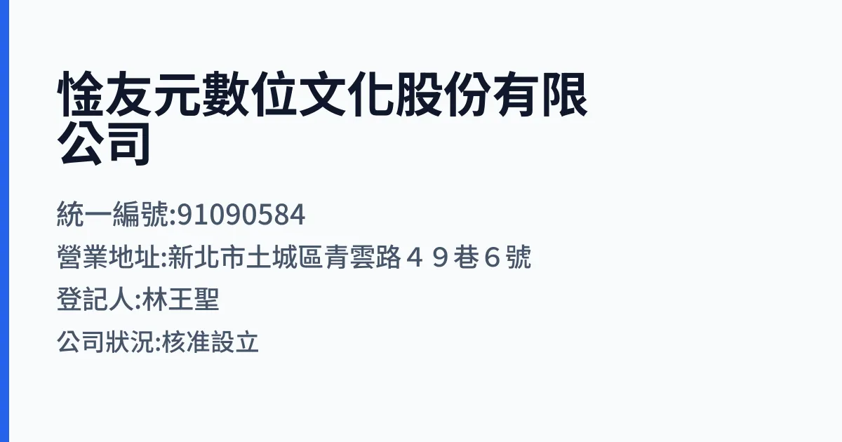 惍友元數位文化股份有限公司 - 統編 91090584(新北市) 公司登記資料與營業項目詳細圖表
