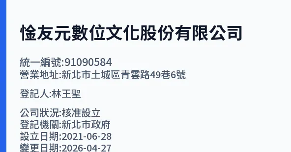 惍友元數位文化股份有限公司的照片-統編 91090584(新北市) 公司登記資料與營業項目詳細圖表