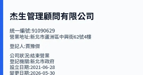 杰生管理顧問有限公司的照片-統編 91090629(新北市) 公司登記資料與營業項目詳細圖表