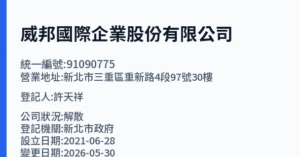 威邦國際企業股份有限公司的照片-統編 91090775(新北市) 公司登記資料與營業項目詳細圖表