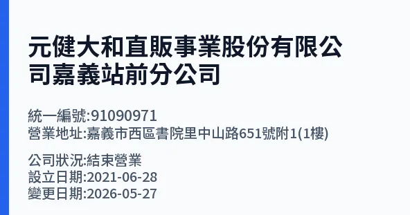 元健大和直販事業股份有限公司嘉義站前分公司的照片-統編 91090971(嘉義市) 公司登記資料與營業項目詳細圖表