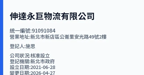 伸達永巨物流有限公司的照片-統編 91091084(新北市) 公司登記資料與營業項目詳細圖表