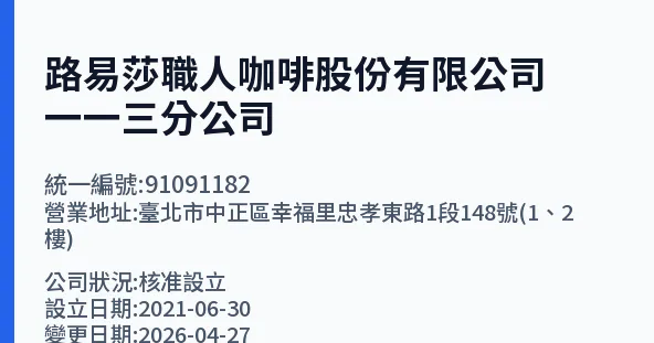 路易莎職人咖啡股份有限公司一一三分公司的照片-統編 91091182(臺北市) 公司登記資料與營業項目詳細圖表