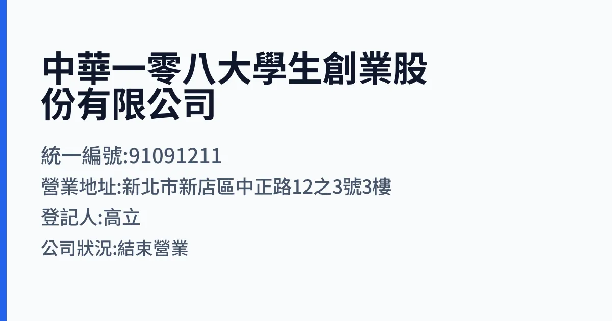 中華一零八大學生創業股份有限公司 - 統編 91091211(新北市) 公司登記資料與營業項目詳細圖表