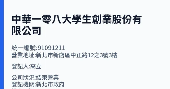 中華一零八大學生創業股份有限公司的照片-統編 91091211(新北市) 公司登記資料與營業項目詳細圖表