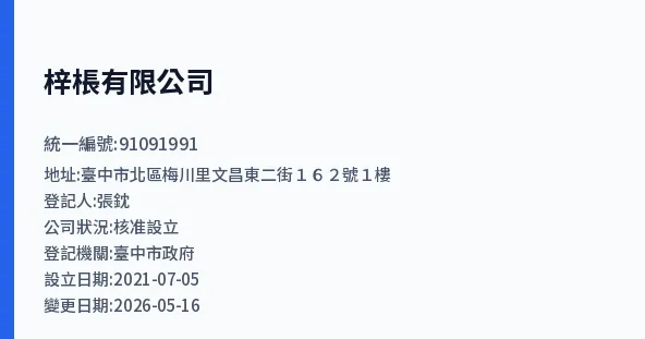 梓棖有限公司的照片-統編 91091991(臺中市) 公司登記資料與營業項目詳細圖表