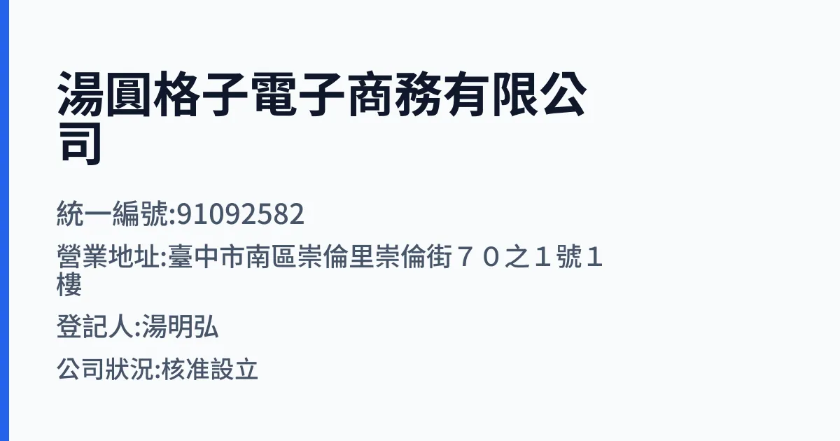 湯圓格子電子商務有限公司 - 統編 91092582(臺中市) 公司登記資料與營業項目詳細圖表