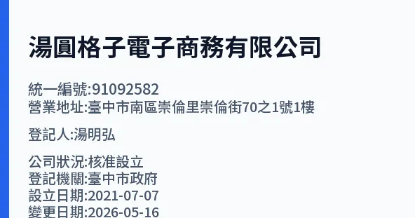 湯圓格子電子商務有限公司的照片-統編 91092582(臺中市) 公司登記資料與營業項目詳細圖表