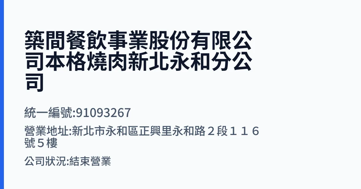築間餐飲事業股份有限公司本格燒肉新北永和分公司 - 統編 91093267(新北市) 公司登記資料與營業項目詳細圖表