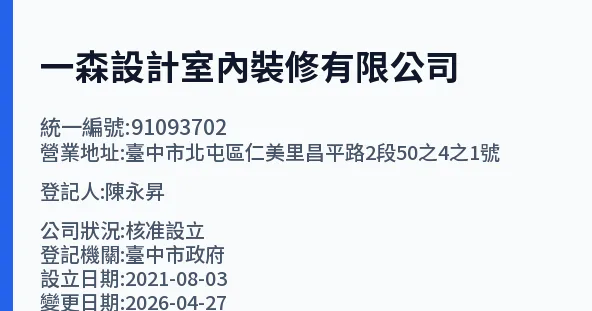 一森設計室內裝修有限公司的照片-統編 91093702(臺中市) 公司登記資料與營業項目詳細圖表