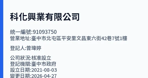 科化興業有限公司的照片-統編 91093750(臺中市) 公司登記資料與營業項目詳細圖表