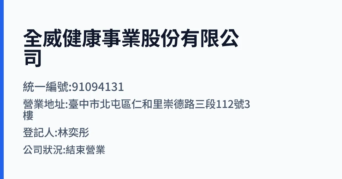 全威健康事業股份有限公司 - 統編 91094131(臺中市) 公司登記資料與營業項目詳細圖表
