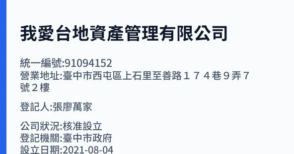 我愛台地資產管理有限公司的照片-統編 91094152(臺中市) 公司登記資料與營業項目詳細圖表