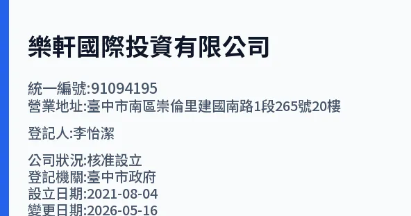 樂軒國際投資有限公司的照片-統編 91094195(臺中市) 公司登記資料與營業項目詳細圖表