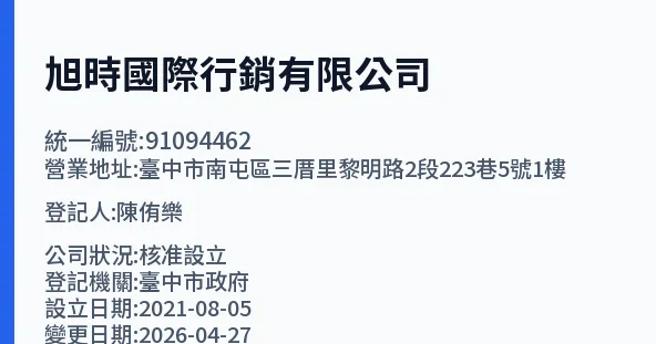 旭時國際行銷有限公司的照片-統編 91094462(臺中市) 公司登記資料與營業項目詳細圖表
