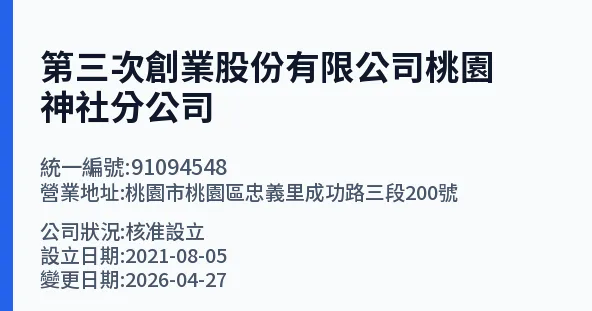 第三次創業股份有限公司桃園神社分公司的照片-統編 91094548(桃園市) 公司登記資料與營業項目詳細圖表
