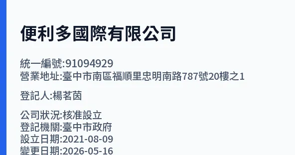 便利多國際有限公司的照片-統編 91094929(臺中市) 公司登記資料與營業項目詳細圖表