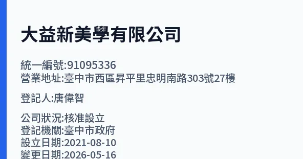 大益新美學有限公司的照片-統編 91095336(臺中市) 公司登記資料與營業項目詳細圖表