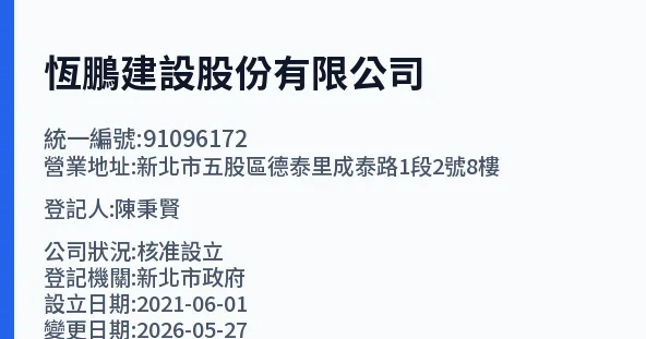 恆鵬建設股份有限公司的照片-統編 91096172(新北市) 公司登記資料與營業項目詳細圖表