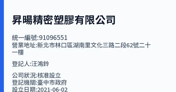 昇暘精密塑膠有限公司的照片-統編 91096551(新北市) 公司登記資料與營業項目詳細圖表