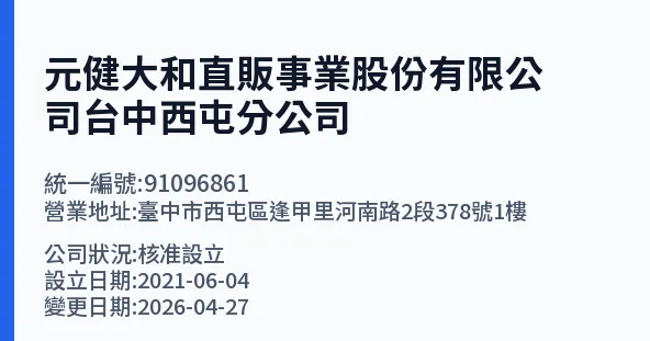元健大和直販事業股份有限公司台中西屯分公司的照片-統編 91096861(臺中市) 公司登記資料與營業項目詳細圖表