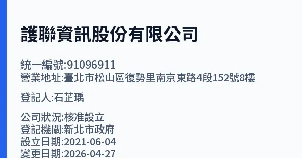 護聯資訊股份有限公司的照片-統編 91096911(臺北市) 公司登記資料與營業項目詳細圖表