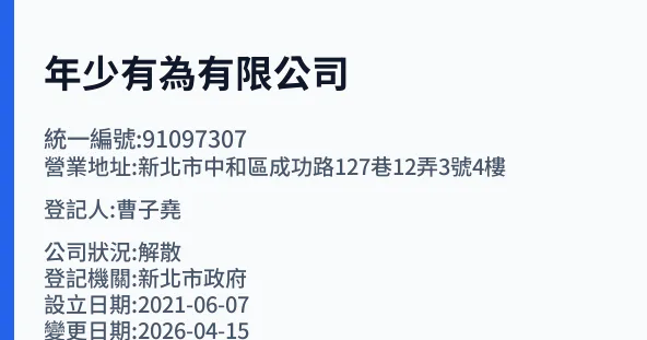 年少有為有限公司的照片-統編 91097307(新北市) 公司登記資料與營業項目詳細圖表