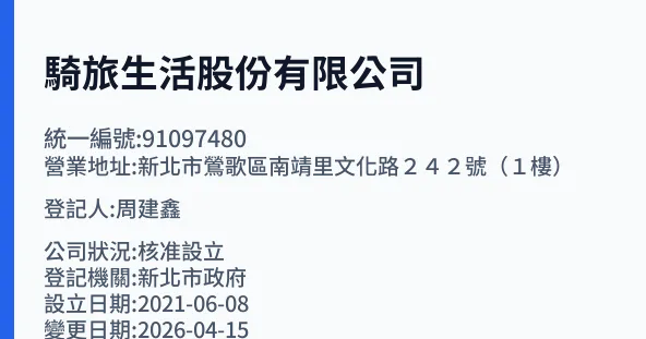 騎旅生活股份有限公司的照片-統編 91097480(新北市) 公司登記資料與營業項目詳細圖表