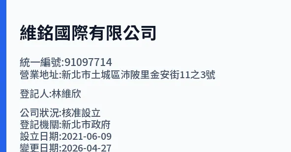 維銘國際有限公司的照片-統編 91097714(新北市) 公司登記資料與營業項目詳細圖表