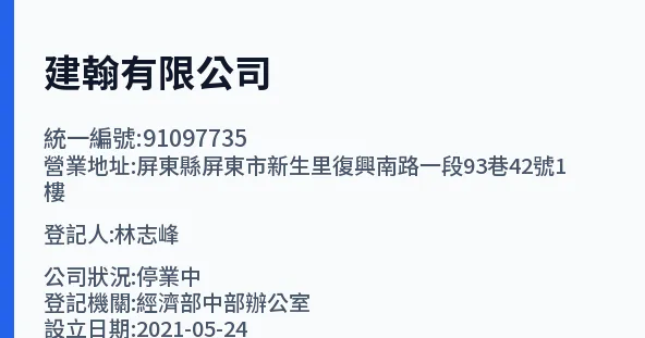 建翰有限公司的照片-統編 91097735(屏東縣) 公司登記資料與營業項目詳細圖表