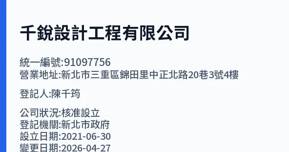 千銳設計工程有限公司的照片-統編 91097756(新北市) 公司登記資料與營業項目詳細圖表