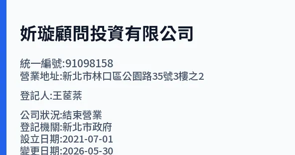 妡璇顧問投資有限公司的照片-統編 91098158(新北市) 公司登記資料與營業項目詳細圖表