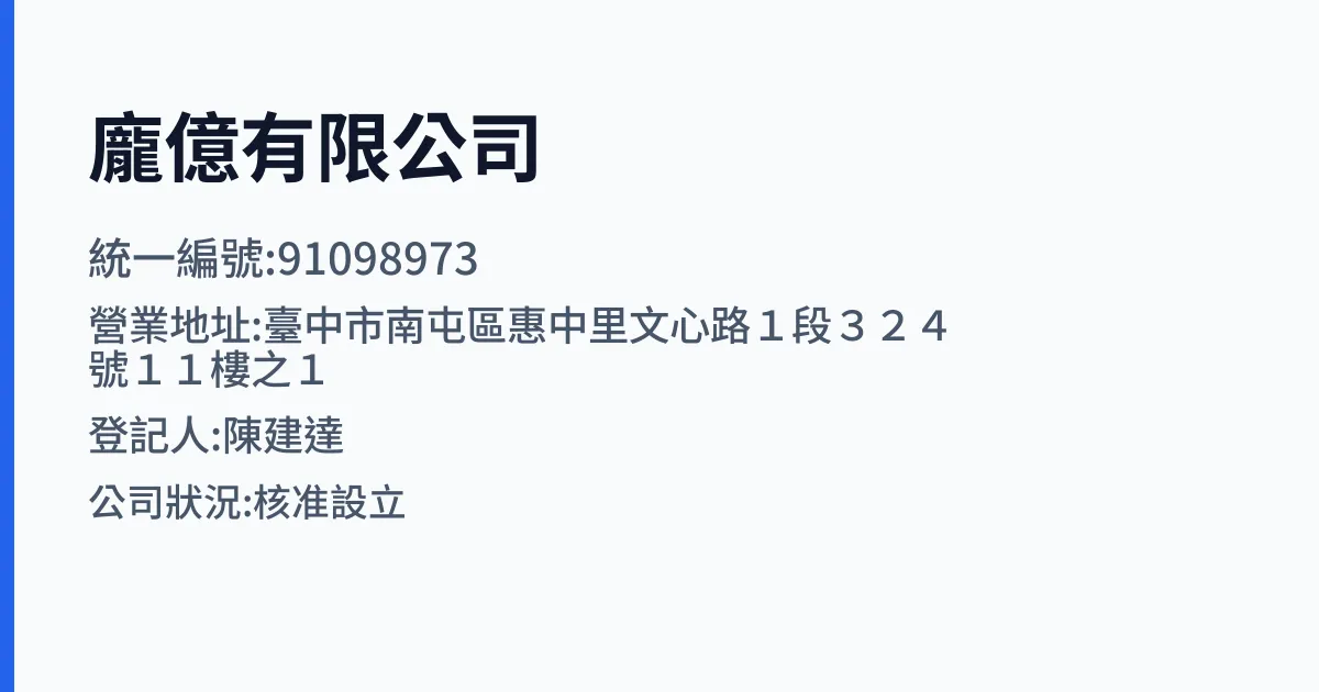 龐億有限公司 - 統編 91098973(臺中市) 公司登記資料與營業項目詳細圖表